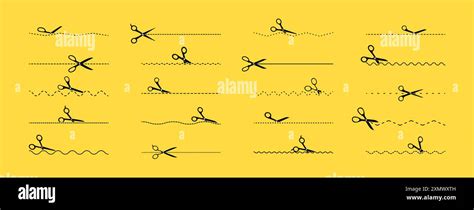 Set Of Scissors Cutting Different Lines On Yellow Background Cut Here
