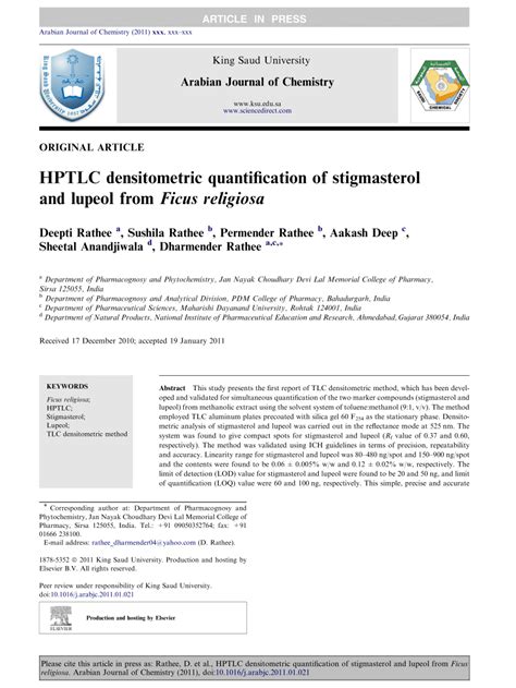 Pdf Hptlc Densitometric Quantification Of Stigmasterol And Lupeol From Ficus Religiosa