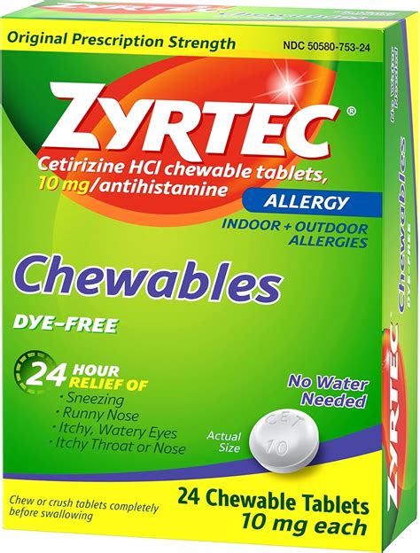 Buy Zyrtec 24 Hour Allergy Relief Chewable Dye Free Tablets With 10 Mg