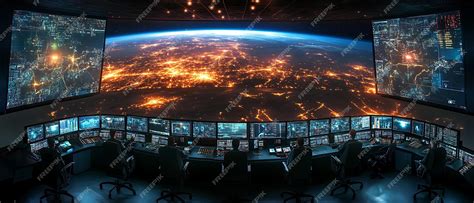 Futuristic Command Center With Operators Monitoring Global Activities