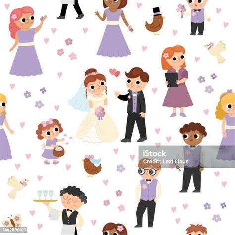 벡터 신부 신랑 및 그들의 손님과 함께 원활한 패턴입니다 귀여운 그냥 신부 들러리 신랑 어린이 웨이터 등록 기관과 함께 배경을 반복했다 결혼식 디지털 종이 결혼 의식에 대한