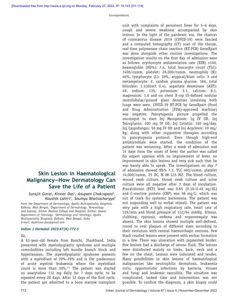 Pdf Skin Lesion In Haematological Malignancy How Dermatology Can Save The Life Of A Patient