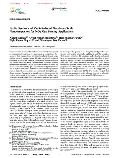 Pdf Facile Synthesis Of Zno Reduced Graphene Oxide Nanocomposites For No 2 Gas Sensing