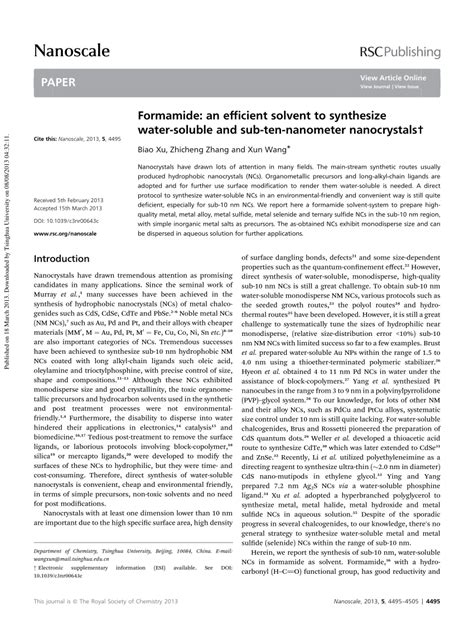 Pdf Formamide An Efficient Solvent To Synthesize Water Soluble And Sub Ten Nanometer Nanocrystals
