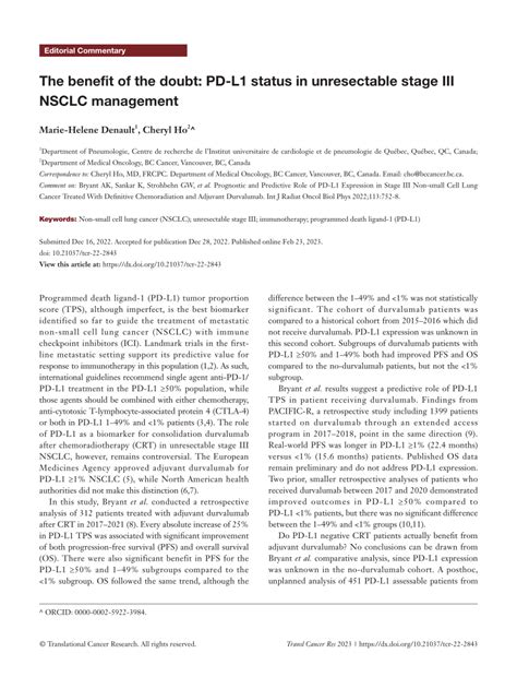 Pdf The Benefit Of The Doubt Pd L1 Status In Unresectable Stage Iii Nsclc Management