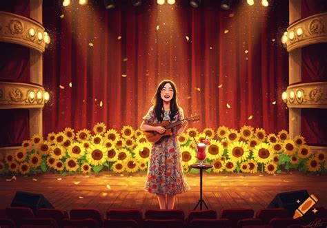 Lady Playing Ukulele On Stage With Cocktail And Sunflowers On Craiyon