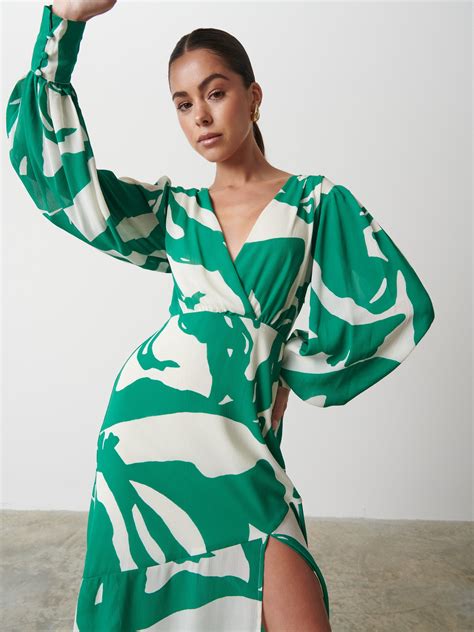 Lilianna Backless Balloon Sleeve Printed Dress Green Abstract