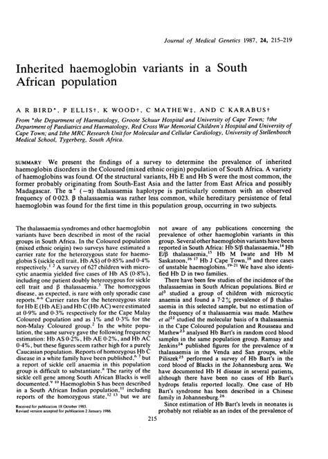 Inherited Haemoglobin Variants In A South African Population Pmc