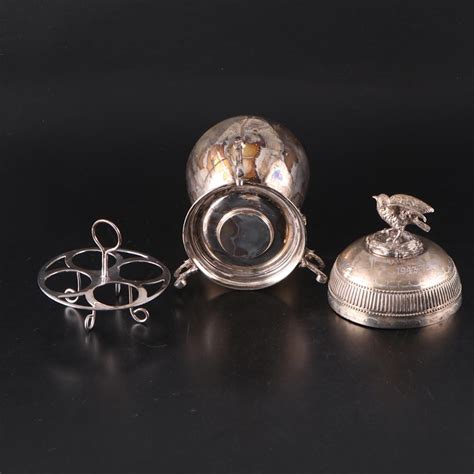 Victorian Style Silver Plate Egg Coddler With Silver Plate Figural Egg Cups Ebth