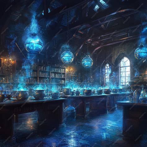 Magic School With A Potions Classroom Filled With Bubbling Cauldrons