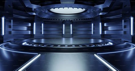 텅 빈 하늘색 스튜디오 룸 미래형 공상과학 큰 홀 방 조명 디자인을 위한 미래 배경 3d 렌더링 사진 Unsplash의 기술 이미지