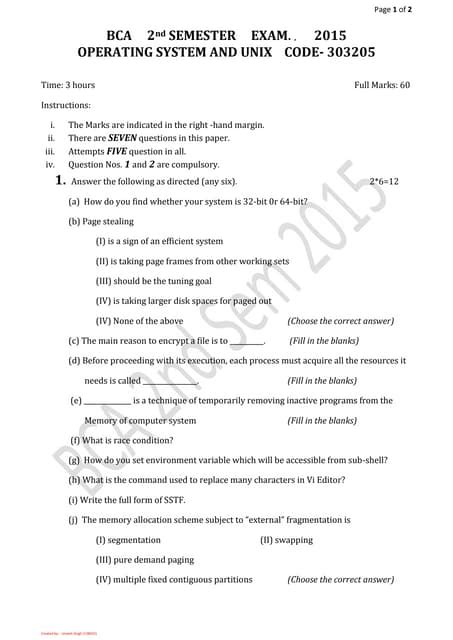 Operating System And Unix Code 303205 Bca 2nd Semester Exam 2015 Pdf