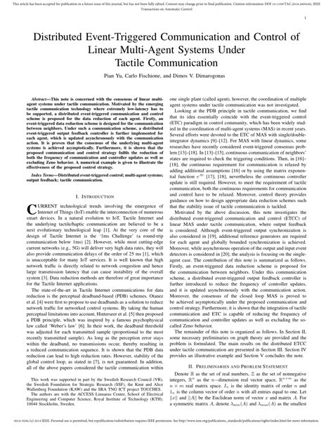 Pdf Distributed Event Triggered Communication And Control Of Linear Multi Agent Systems Under