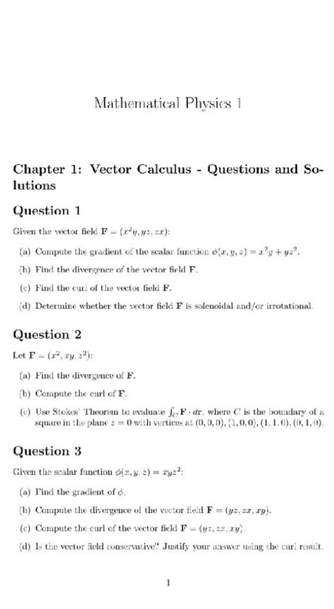 Mathematical Physics 1 Chapter 1 Vector Calculus Questions And Soluti