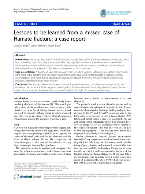 Pdf Lessons To Be Learned From A Missed Case Of Hamate Fracture A Case Report