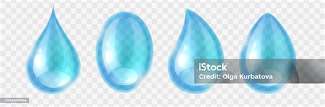 물방울 블루 아쿠아 드롭 다양한 형태 빗방울 또는 눈물 맑은 액체 근접 촬영 격리 된 사실적인 물방울 요소 마시는 것과 차가운 음료 물체 투명한 순도 벡터 세트 3차원