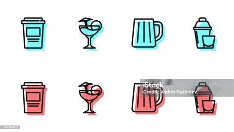 세트 라인 나무 맥주 잔 커피 컵 갈 칵테일과 셰이커 아이콘 벡터 금속에 대한 스톡 벡터 아트 및 기타 이미지 금속 단일 객체 등고선 Istock