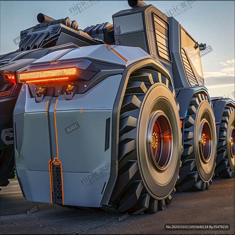 Ai创作图超大轮胎车 后现代机械科幻未来派 自动驾驶拖拉机 巨型翻斗车 巨型运输车 矿山车造型 未来派交通工具 智能拖拉机 设备风机械风工业风