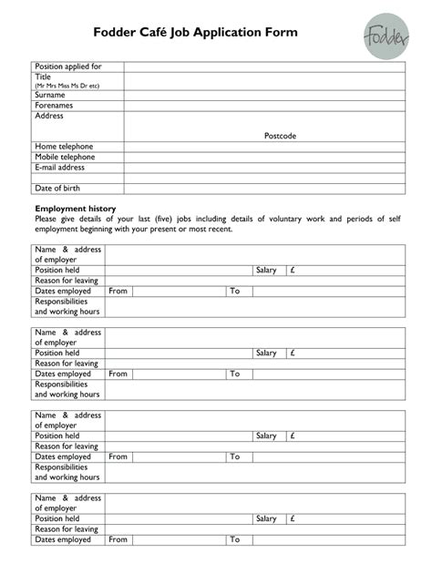 Fillable Online Fodder Co Sample Job Application Form Uk