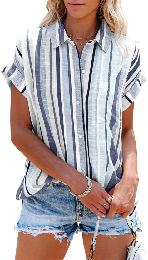 Sysea Womens Short Sleeve Striped Shirts Button Down