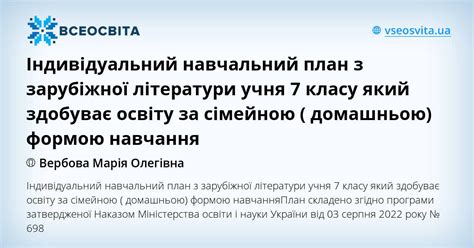 Індивідуальний навчальний план з зарубіжної літератури учня 7 класу який здобуває освіту за