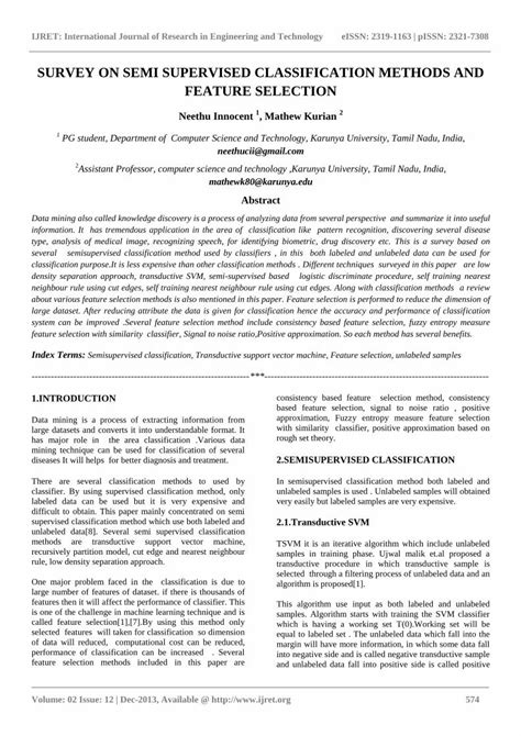 Pdf Survey On Semi Supervised Classification Methods And Feature