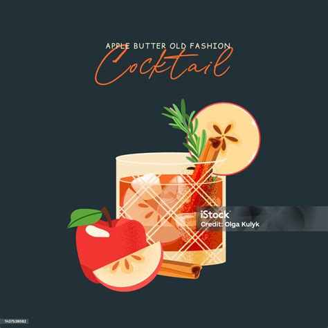 어두운 배경에 로즈마리와 향신료 벡터 삽화가 있는 애플 올드 패션 칵테일 가을 알코올 음료 마실 것에 대한 스톡 벡터 아트 및