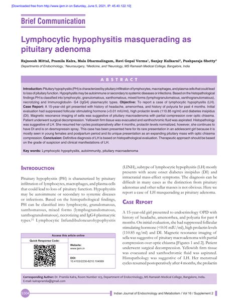 Pdf Lymphocytic Hypophysitis Masquerading As Pituitary Adenoma