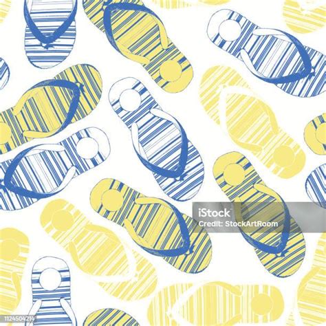 원활한 벡터 패턴 블루와 라임 흰색 바탕에 노란색 플립 플 랍 디자인 직물 배경 패키지 포장지 비치 샌들과 함께 완벽 한 여름 패턴 패션을 다룹니다 0명에 대한 스톡 벡터