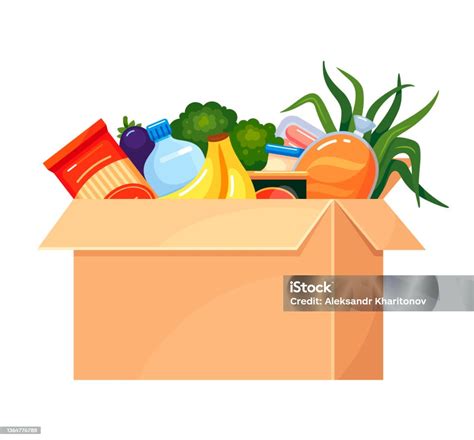 푸드 박스 식료품 기부 벡터 일러스트레이션 보관 제품을 운반하기 위한 골판지 용기 음식에 대한 스톡 벡터 아트 및 기타 이미지