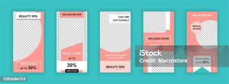 인스 타 그램 이야기에 대한 설정 뷰티 살롱 편집 템플릿 웰니스 센터 특별 혜택 스파 절차 소셜 네트워크를 위한 트렌디한 디자인 인스타 스토리 모형 광고에 대한 스톡 벡터