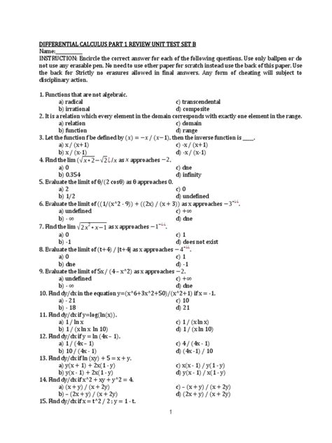 Unit Test Differential Calculus Part 1 Review Set B Sep 3b Download