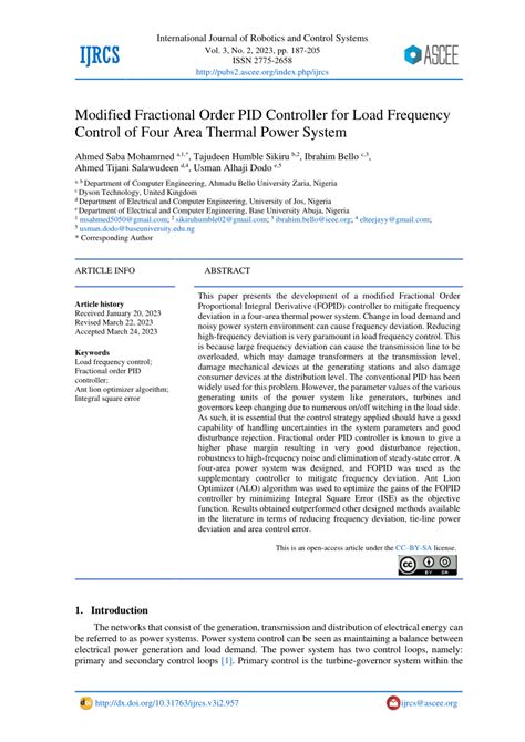 PDF Modified Fractional Order PID Controller For Load Frequency Control Of Four Area Thermal