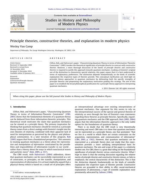 Pdf Principle Theories Constructive Theories And Explanation In