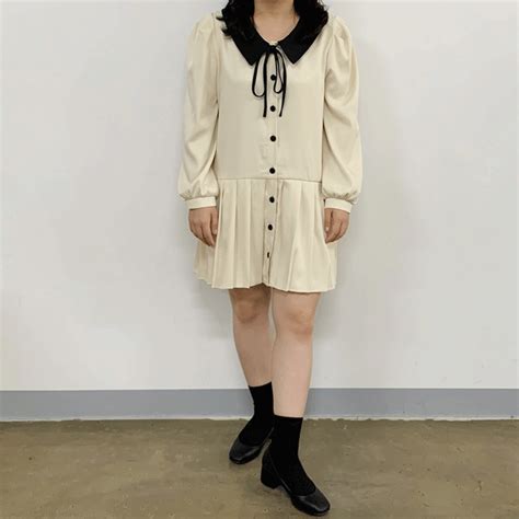 148cm키작녀 카라넥 버튼 플리츠 미디 긴팔 원피스 에이블리