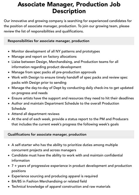 Associate Manager Production Job Description Velvet Jobs