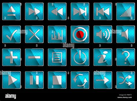 Square Blue Control Panel Icons Or Buttons Isolated On Black Stock Photo Alamy
