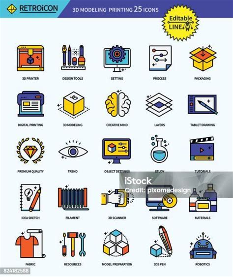 3d 모델링 인쇄의 현대적인 레트로 선 아이콘 세트 프리미엄 품질 개요 기호 집합입니다 간단한 선형 그림 팩입니다 편집 가능한