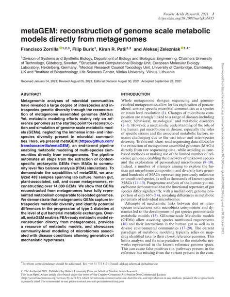 Pdf Metagem Reconstruction Of Genome Scale Metabolic Models Directly From Metagenomes