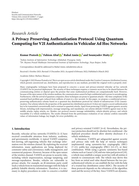 Pdf A Privacy Preserving Authentication Protocol Using Quantum Computing For V2i