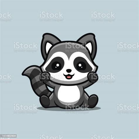 너구리 앉아있는 흥분 귀여운 크리에이티브 카와이 만화 마스코트 로고 갈색에 대한 스톡 벡터 아트 및 기타 이미지 갈색