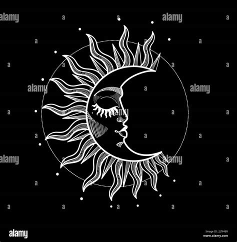 Boho Symbol Of The Moon With Rays White Hand Drawing On A Black
