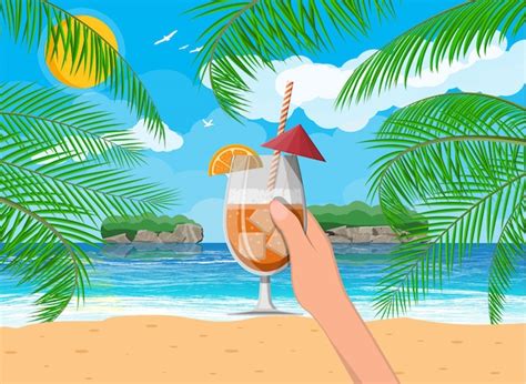 Premium Vector Landscape Of Palm Tree On Beach Cocktail