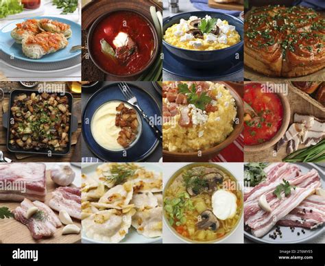 Different Tasty Ukrainian Dishes Collage With Borscht Cabbage Rolls