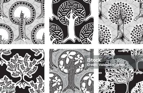 손으로 그린 그림 장식 장식 양식된 끝 없는 나무 반복 벡터 완벽 한 패턴의 설정 흑인과 백인 추상 Seamles 그래픽 일러스트 레이 션 예술 선 그리기 실루엣 가을에
