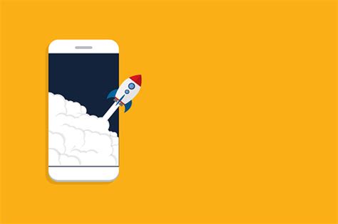 앱 실행 시작 벡터 개념 플랫 만화 로켓 또는 로켓 발사 휴대 전화 또는 스마트 폰 성공적인 비즈니스 프로젝트 시작의 아이디어 기술 향상 혁신 Launch Party에 대한