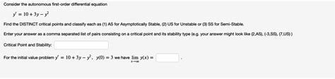 Consider The Autonomous First Order Differential Equation Y 10 3y Y