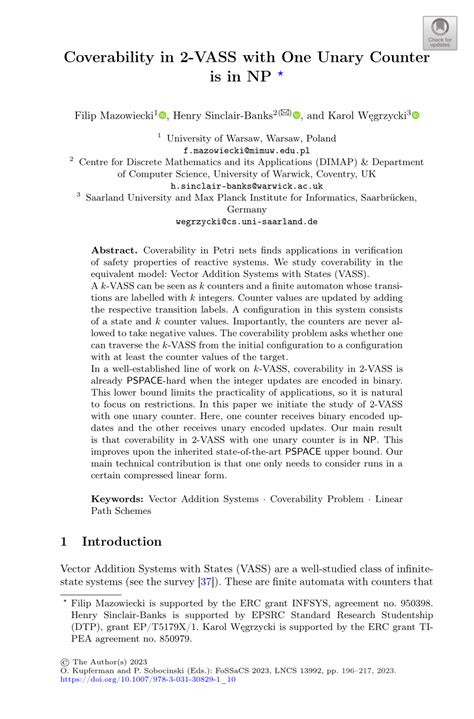 Pdf Coverability In 2 Vass With One Unary Counter Is In Np