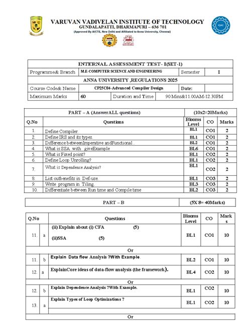 Advanced Compiler Design Internal Assessment Science And Engineering