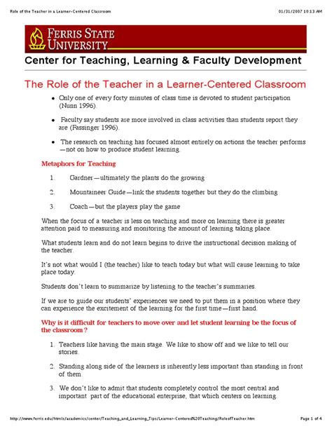 Role Of The Teacher In A Learner Centered Classroom Teachers Classroom